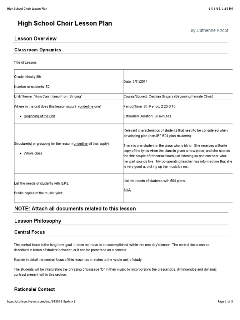 High School Choir Lesson Plan | PDF | Singing | Lesson Plan
