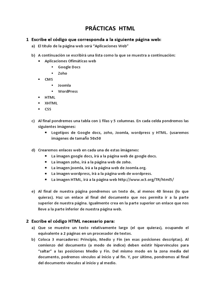 Prácticas de HTML y Ejercicios | PDF | HTML | Hipervínculo