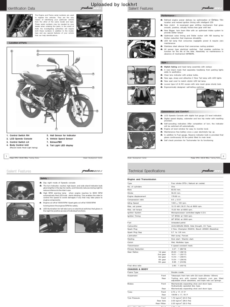 Pulsar 180 DTS-i UG3 Training-Notes-A Owners | PDF | Clutch | Headlamp