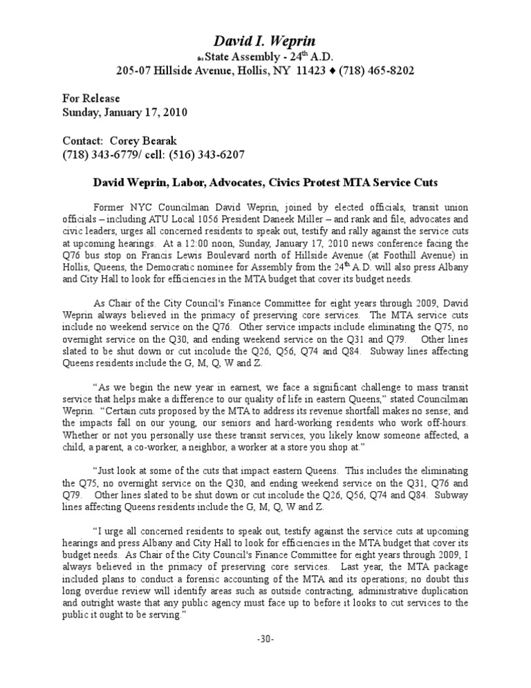 David Weprin, Labor, Advocates, Civics Protest MTA Service Cuts | PDF ...