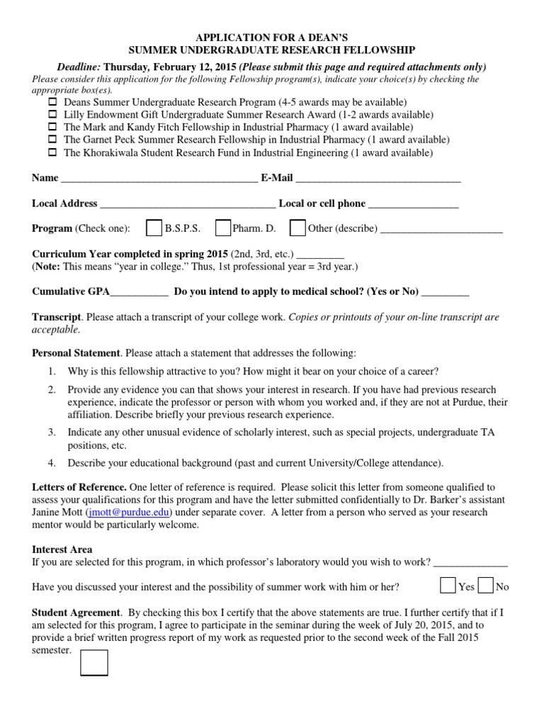 Dean's Summer Research Fellowship Application | PDF | Undergraduate ...