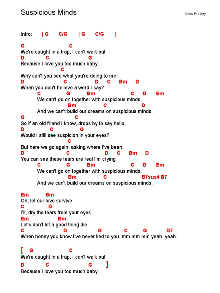 Elvis Presley's "Suspicious Minds" Lyrics | PDF | Language Arts ...