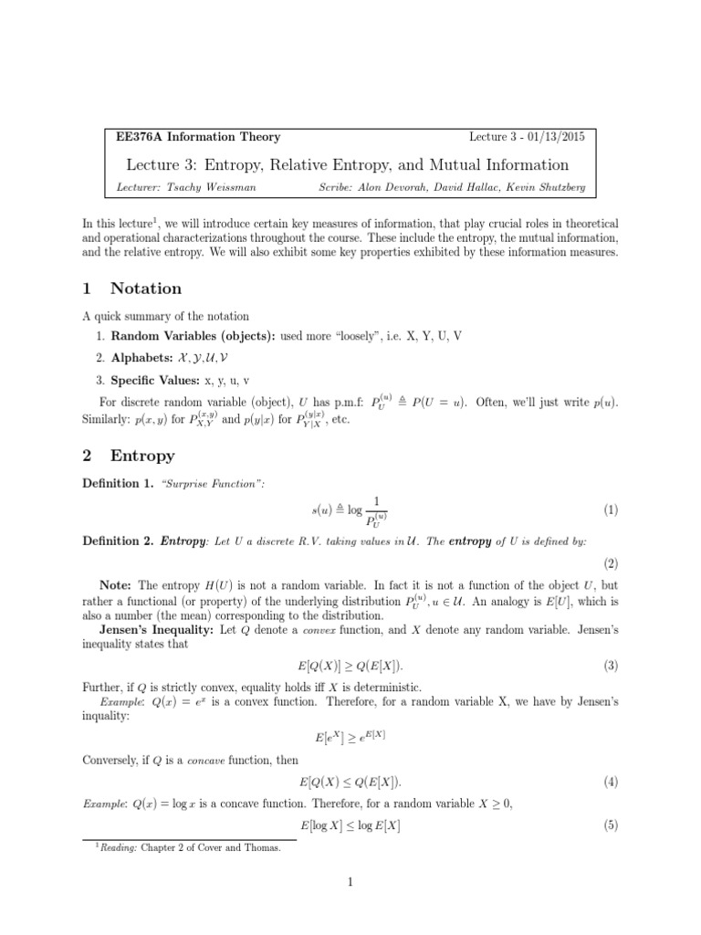 Lecture 3: Entropy, Relative Entropy, and Mutual Information | PDF ...