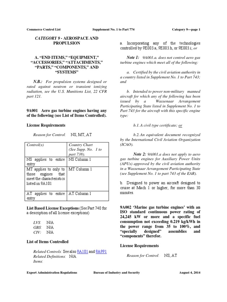 Commerce Control List Categories and Controls for Aerospace and ...