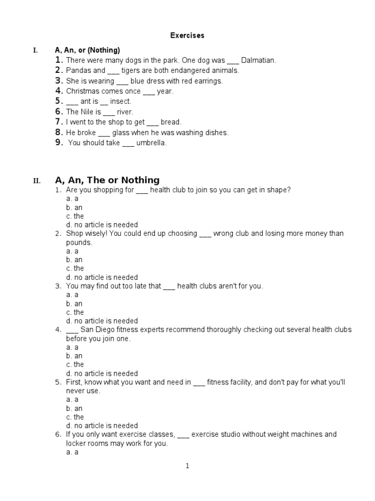 Exercises I. A, An, or (Nothing) | PDF | Taiwan | Sleep