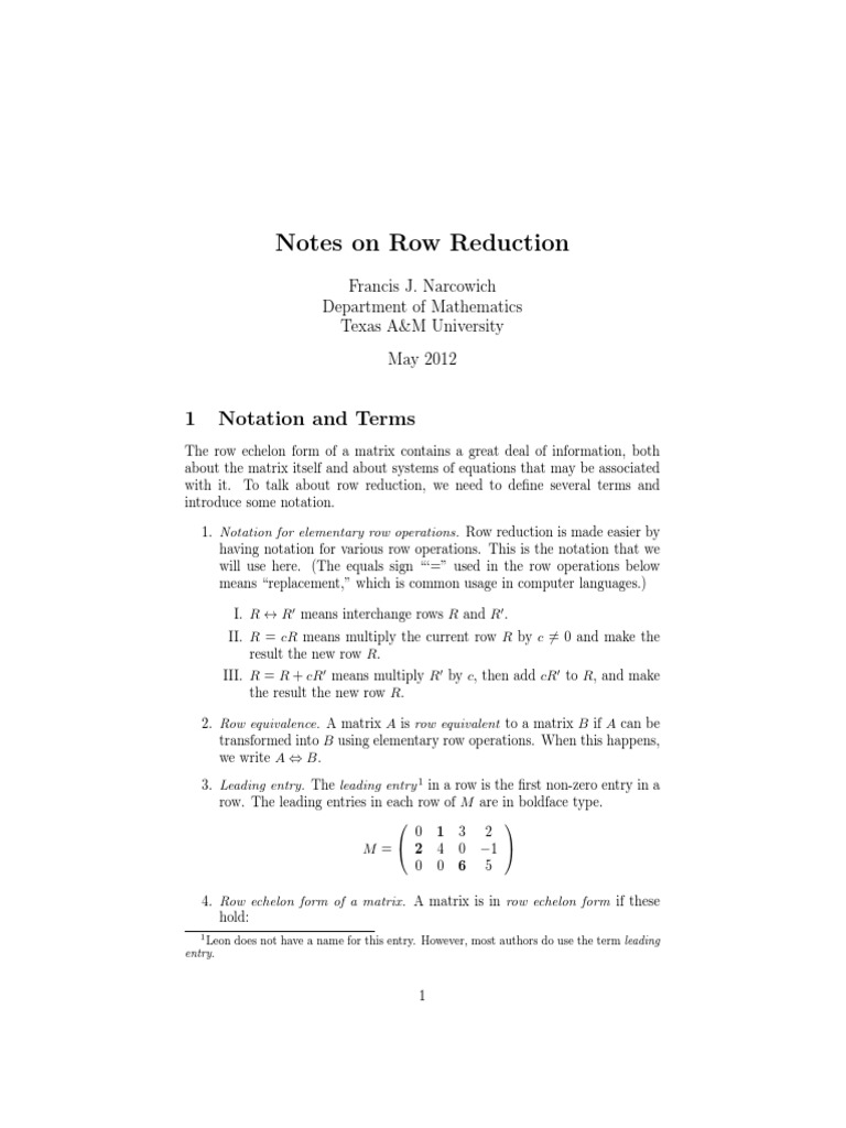 Notes On Row Reduction: 1 Notation and Terms | PDF | Theoretical ...