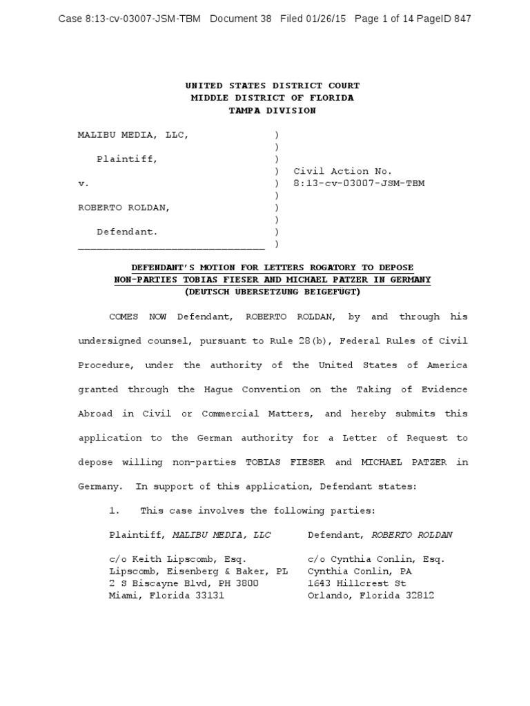 Doc 038 Motion for Letters Rogatory to Depose Non-Parties Tobias Fieser ...