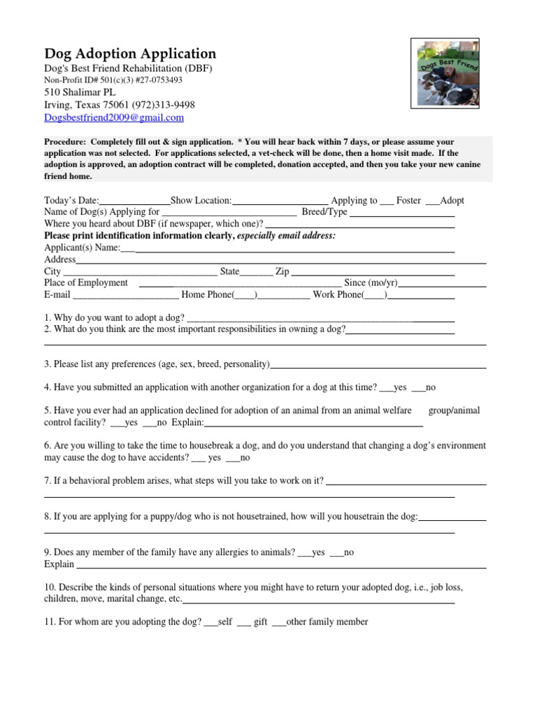 Dog Adoption Application: Dog's Best Friend Rehabilitation (DBF) 510 ...