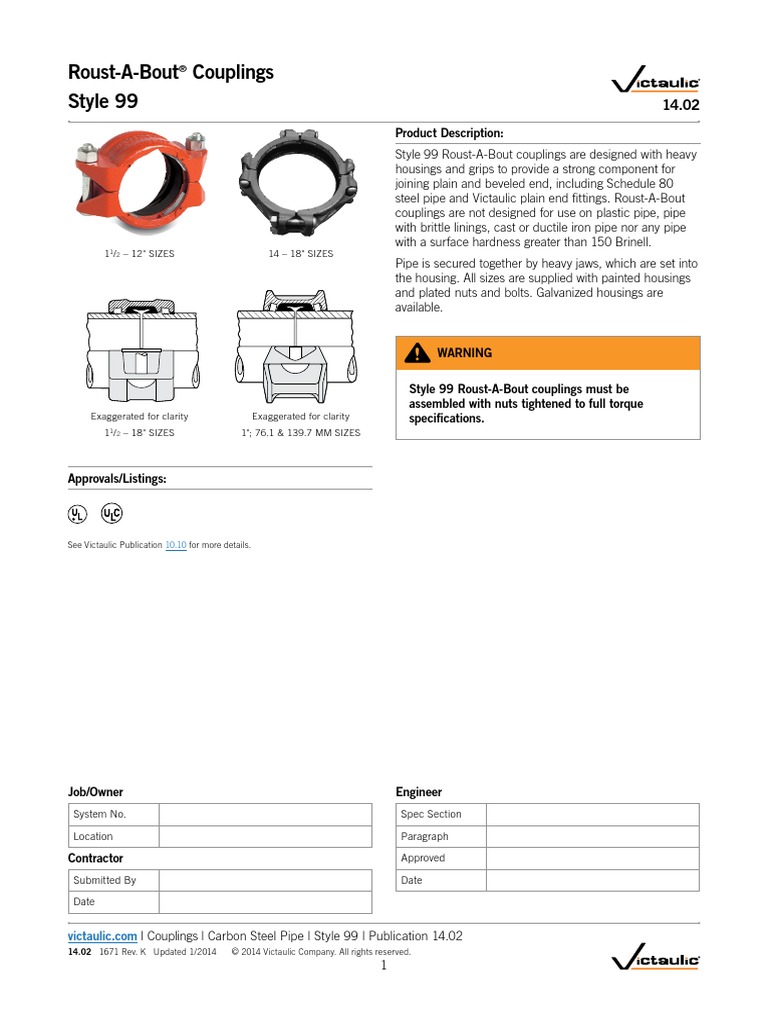 Roust-A-Bout Couplings Style 99: Product Description | PDF | Pipe ...