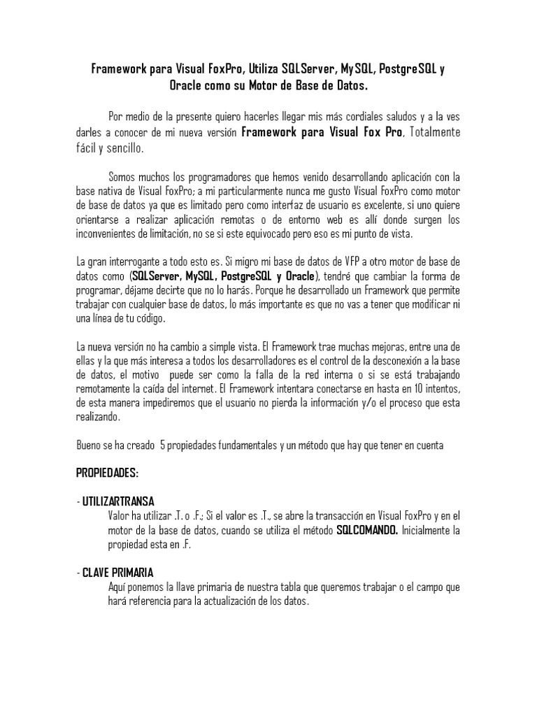 Framework para VFP Conexion Con SQLServer MySQL PostgreSQL y Oracle III | PDF | Tabla (base de ...