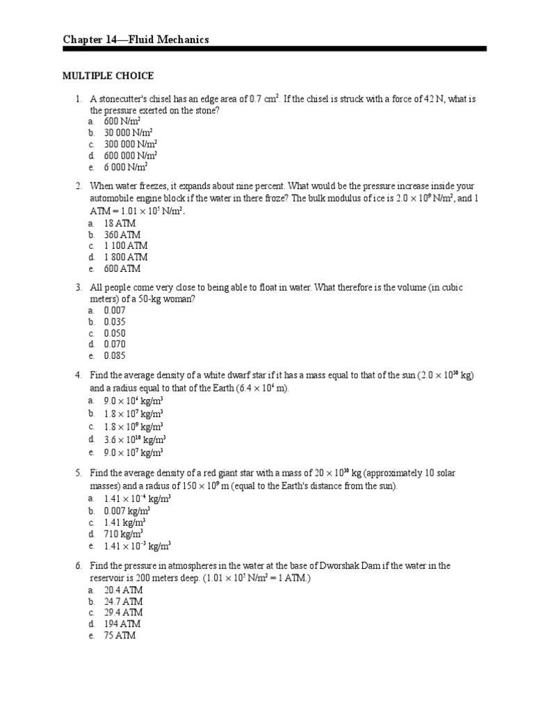 Chapter 14-Fluid Mechanics: Multiple Choice | PDF | Buoyancy | Pressure