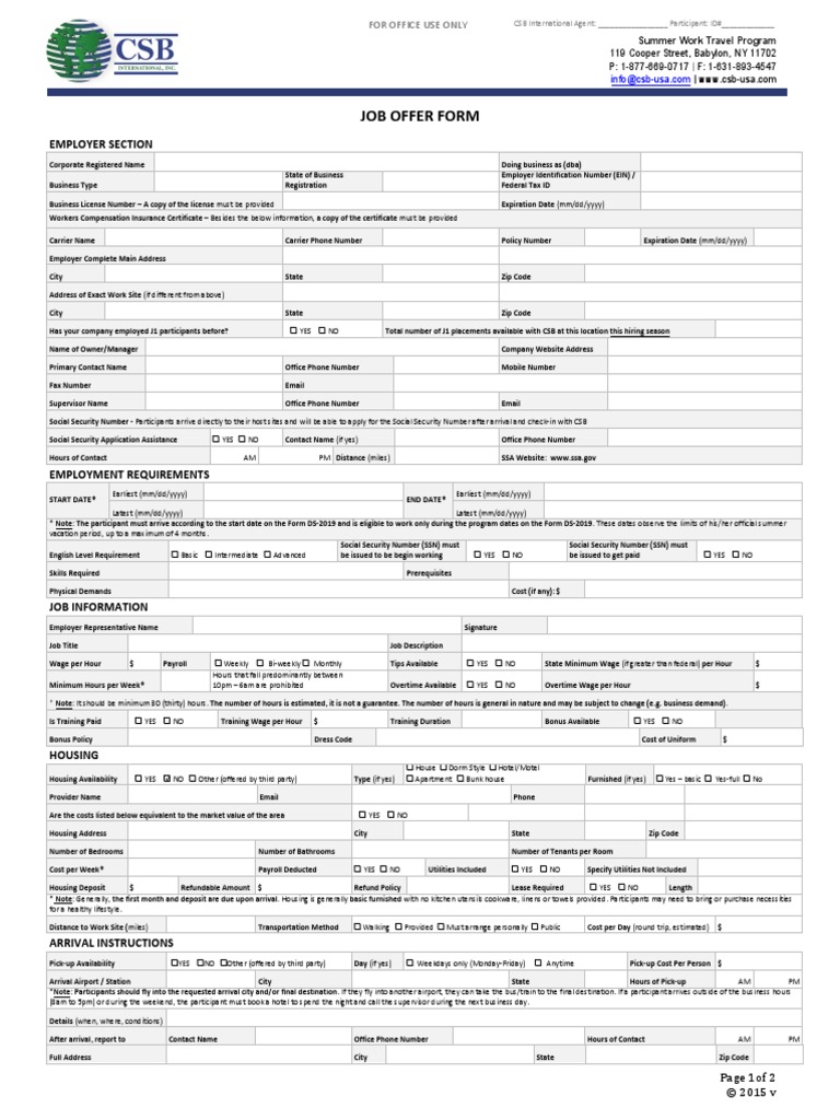 Job Offer Form (Full) | PDF | Overtime | Wage