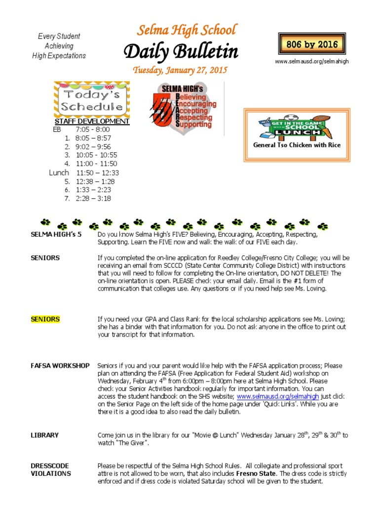 SHS Daily Bulletin 1-27-15 | PDF | Clothing | Further Education