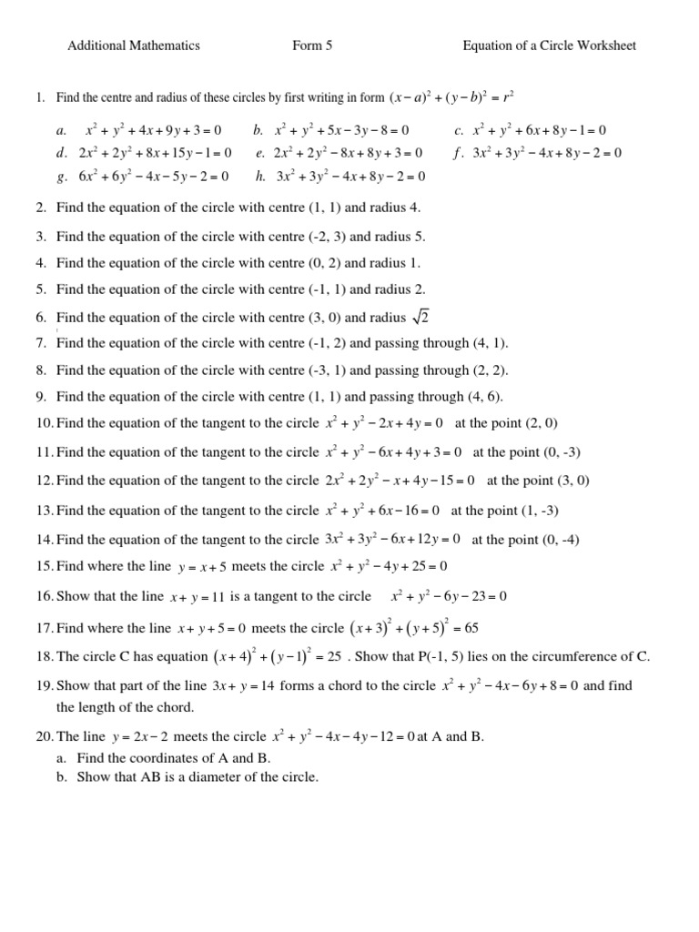 Form 5 Circle Equations Worksheet | PDF