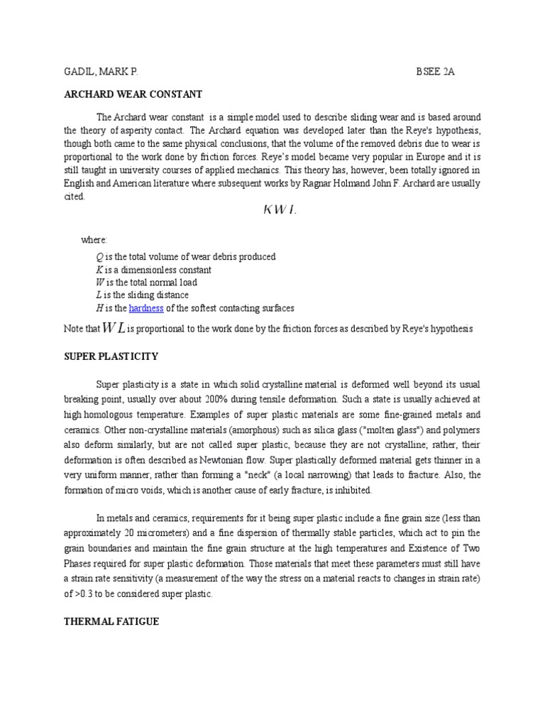 Archard Wear Constant and Super Plasticity | PDF | Deformation ...