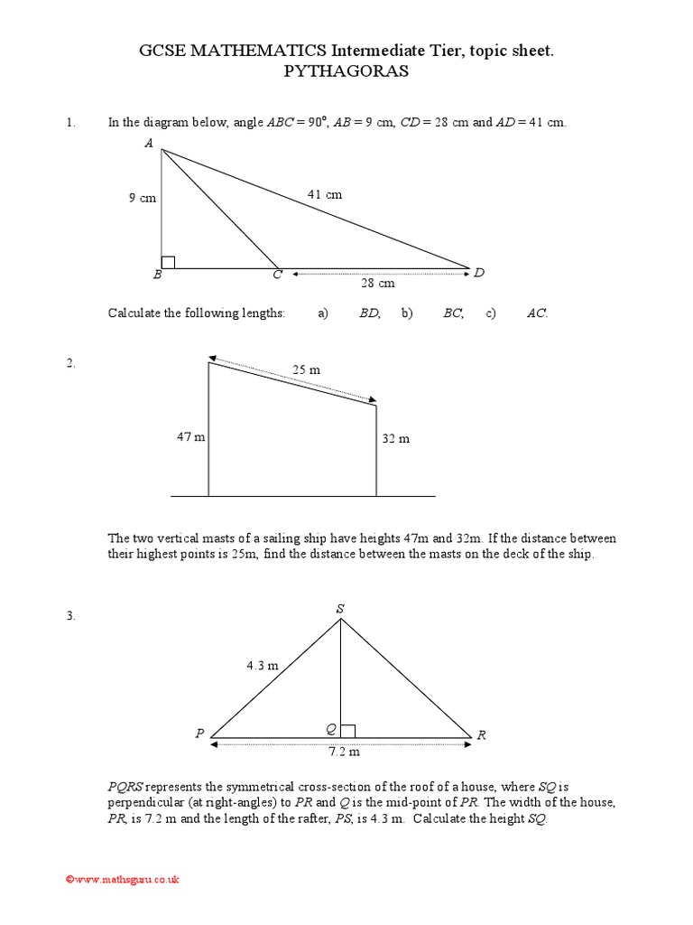 Topic Sheet - Pythagoras | PDF | Square Root | Triangle
