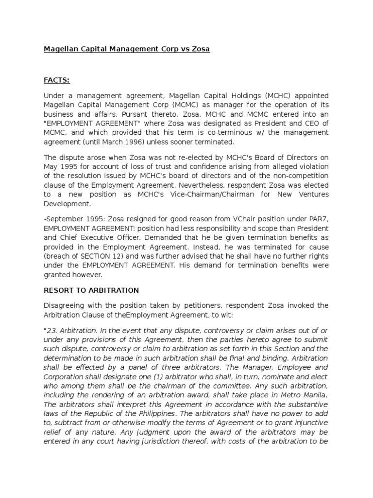 Magellan Capital Management Corp Vs Zosa | PDF | Arbitral Tribunal ...