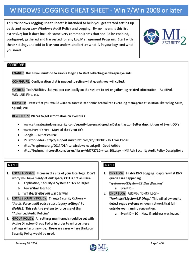Windows Logging Cheat Sheet v1.1 | PDF | Windows Registry | Digital ...