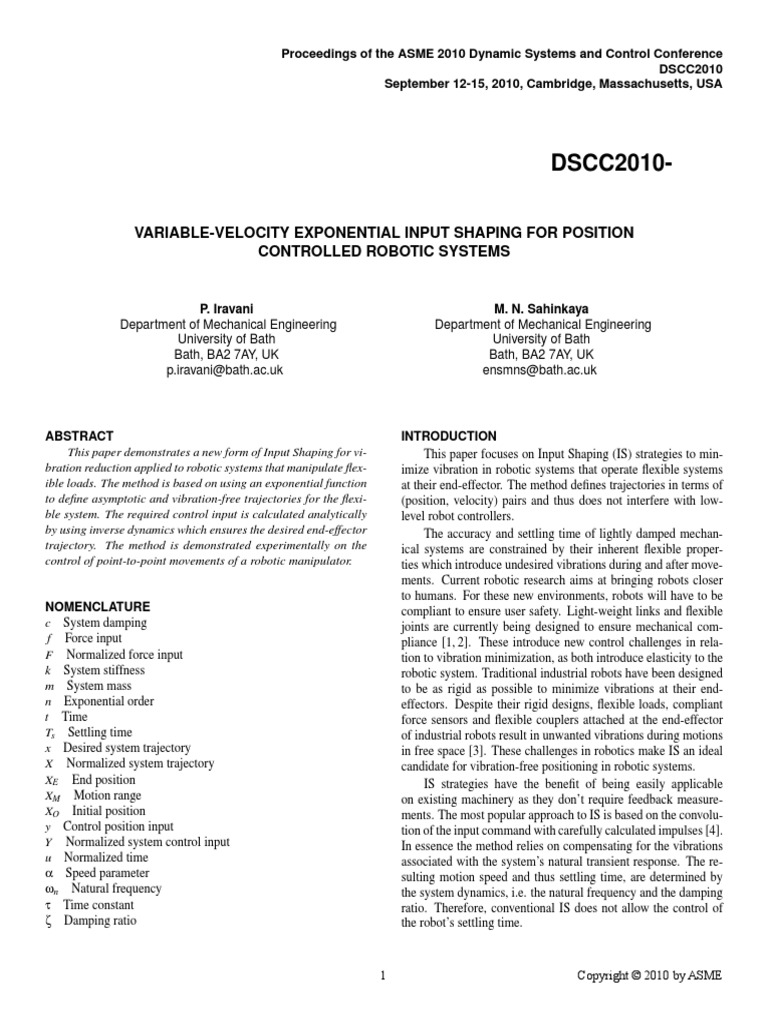 Variable Velocity Exponential Input Shaping For Position Controlled Robotic Systems | PDF ...