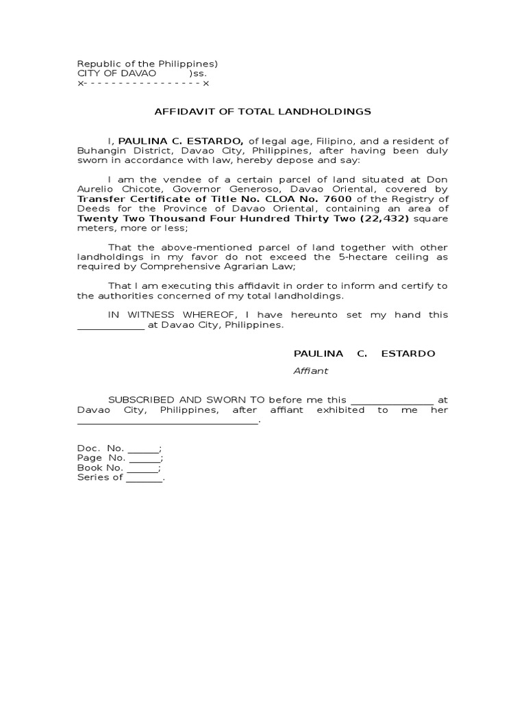 Affidavit of Total Landholdings Davao | PDF