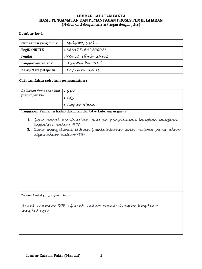 Contoh Lembar Catatan Fakta PKG - A | PDF