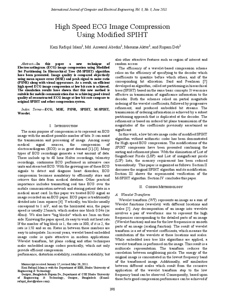 High Speed ECG Image Compression Using Modified SPIHT | PDF