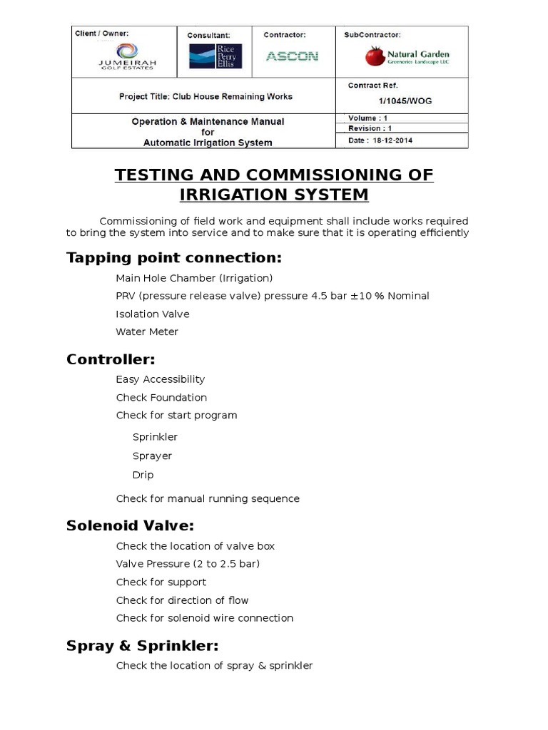 Irrigation System Testing and Commissioning | PDF