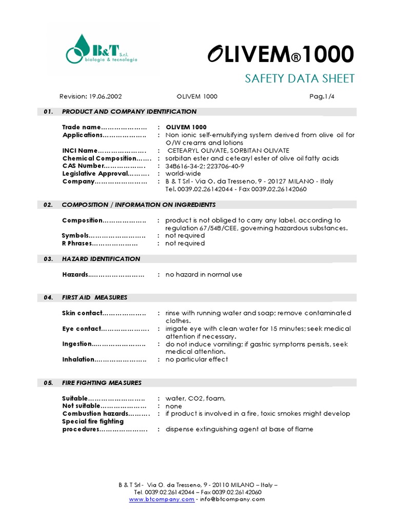 Msds Olivem1000 | PDF | Safety | Chemistry