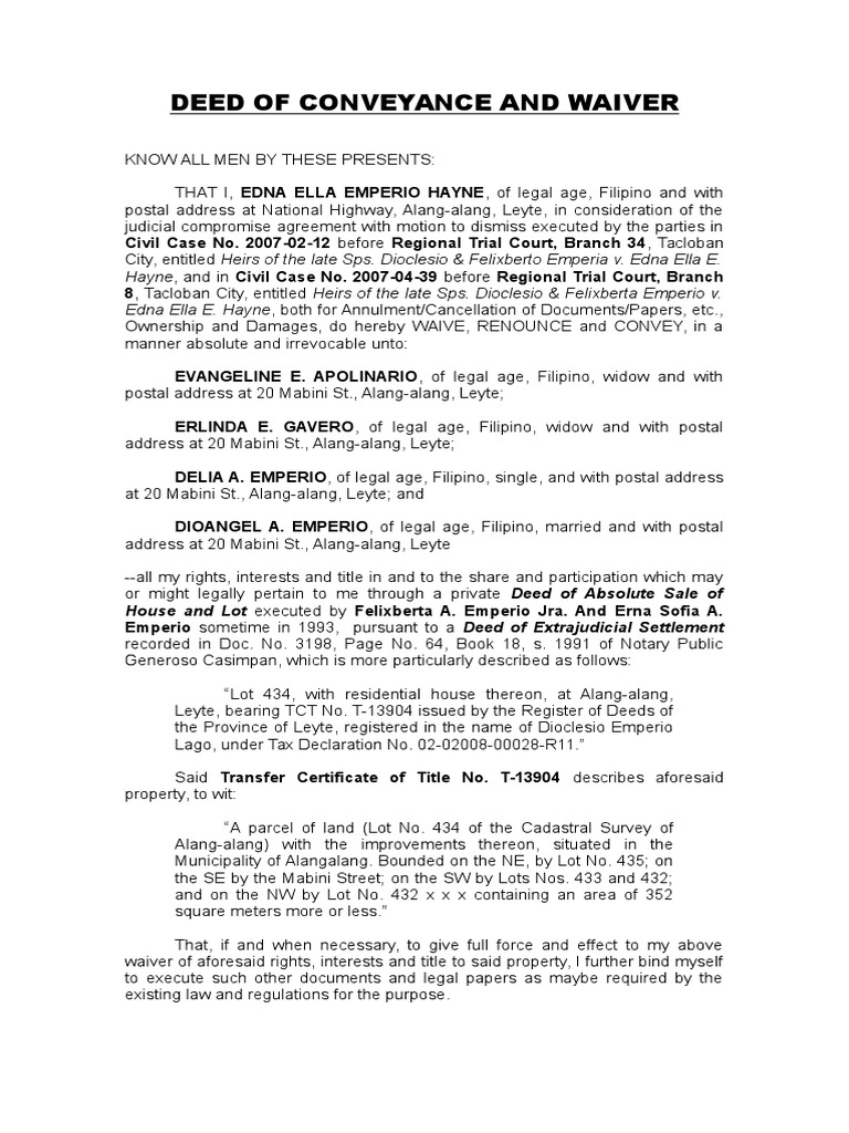 Conveyance & Waiver - ELLA | PDF | Land Lot | Deed