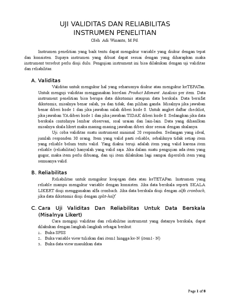 Uji Validitas Dan Reliabilitas Instrumen | PDF
