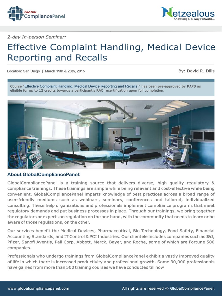 GCPseminar On Effective Complaint Handling, Medical Device Reporting ...
