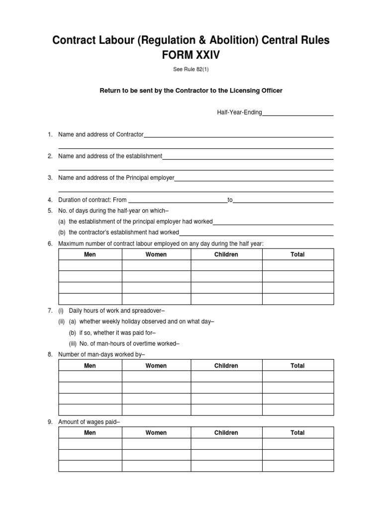 Contract Labour (Regulation & Abolition) Central Rules Form Xxiv | PDF