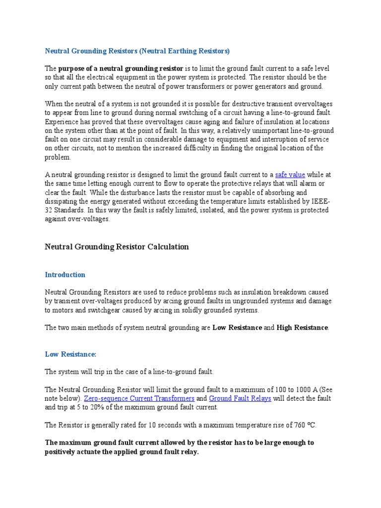 Neutral Grounding Resistor Overview | PDF | Resistor | Electric Current