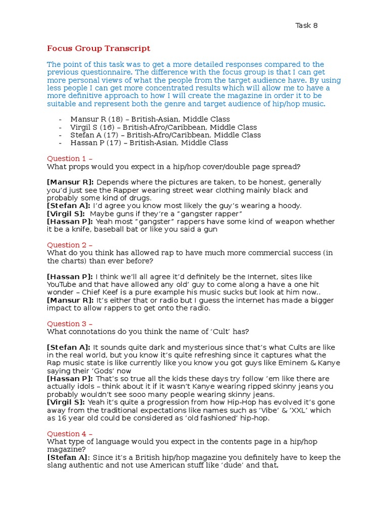 Focus Group Transcript: Question 1 | PDF | Hip Hop Music | Kanye West
