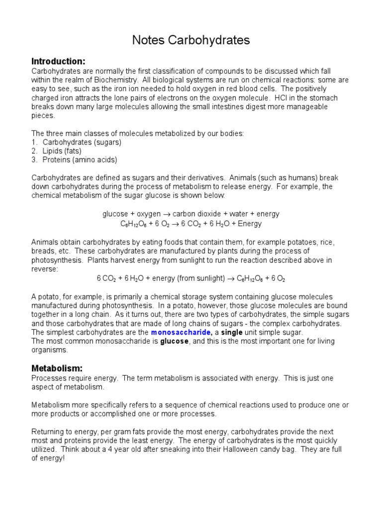 Notes Carbohydrates | PDF | Carbohydrates | Glucose