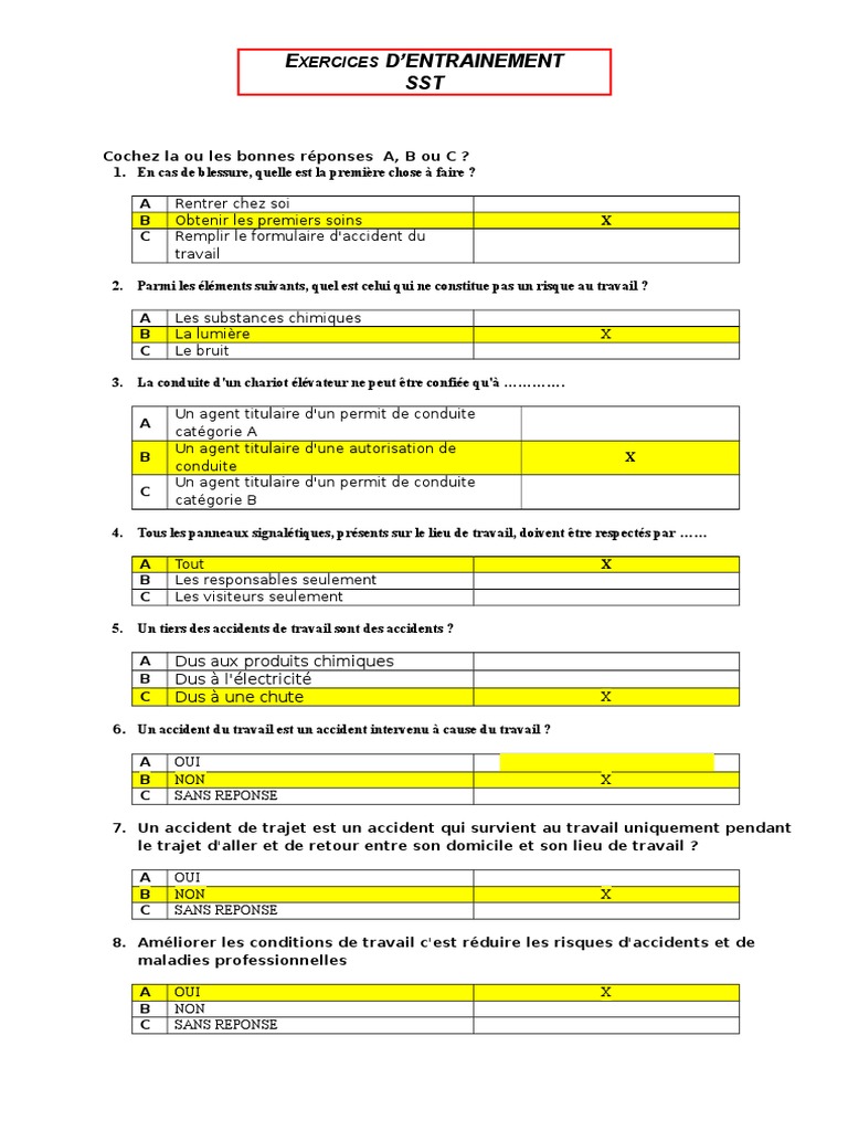 Exercices de SST et Évaluation des Risques | PDF | Santé et sécurité au ...
