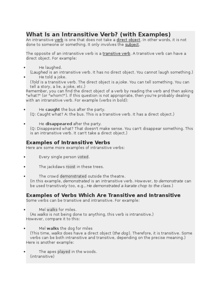 Understanding Intransitive Verbs | PDF | Verb | Object (Grammar)