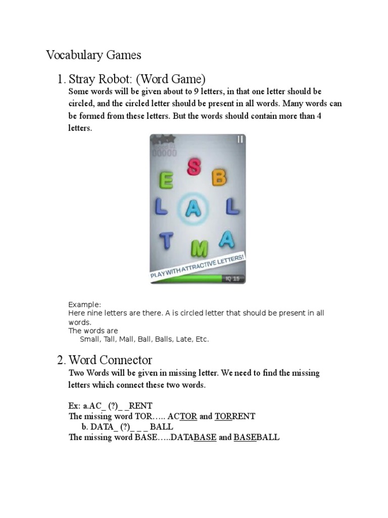 Vocabulary Games 1. Stray Robot: (Word Game) | PDF