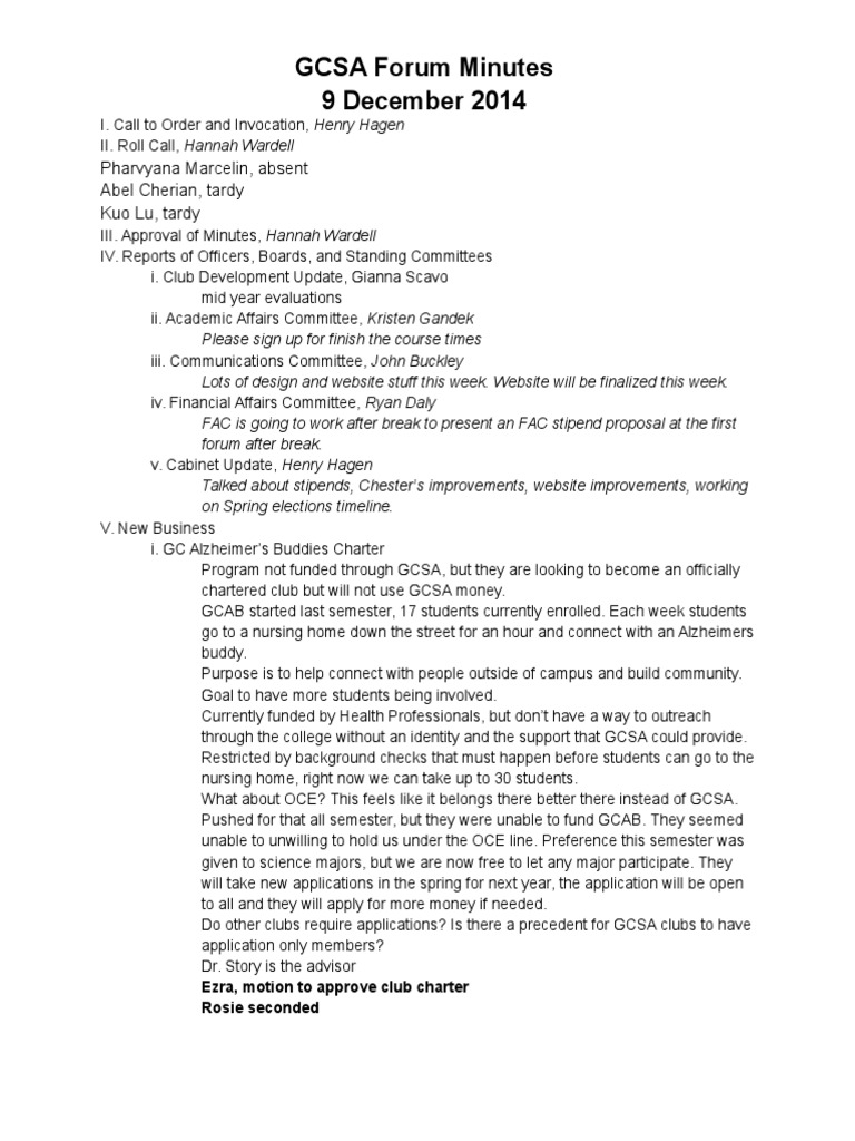 GCSA Forum Minutes 9 December 2014: Pharvyana Marcelin, Absent Abel ...