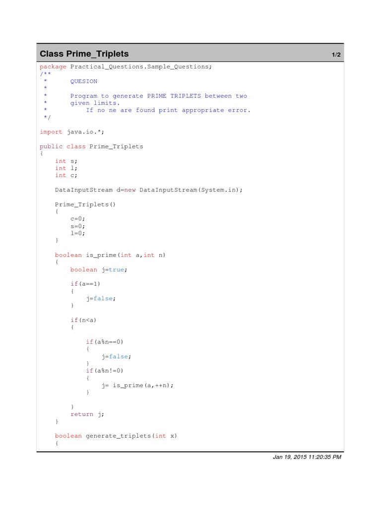 Prime Triplets (JAVA PROGRAM PDF) | PDF | Mathematical Objects ...