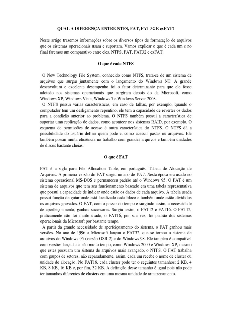 Qual A Diferença Entre NTFS, Fat, Fat 32 e Exfat | PDF | Arquitetura ...