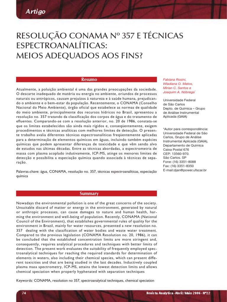 Resolução Conama #357 e Técnicas Espectroanalíticas: Meios Adequados ...