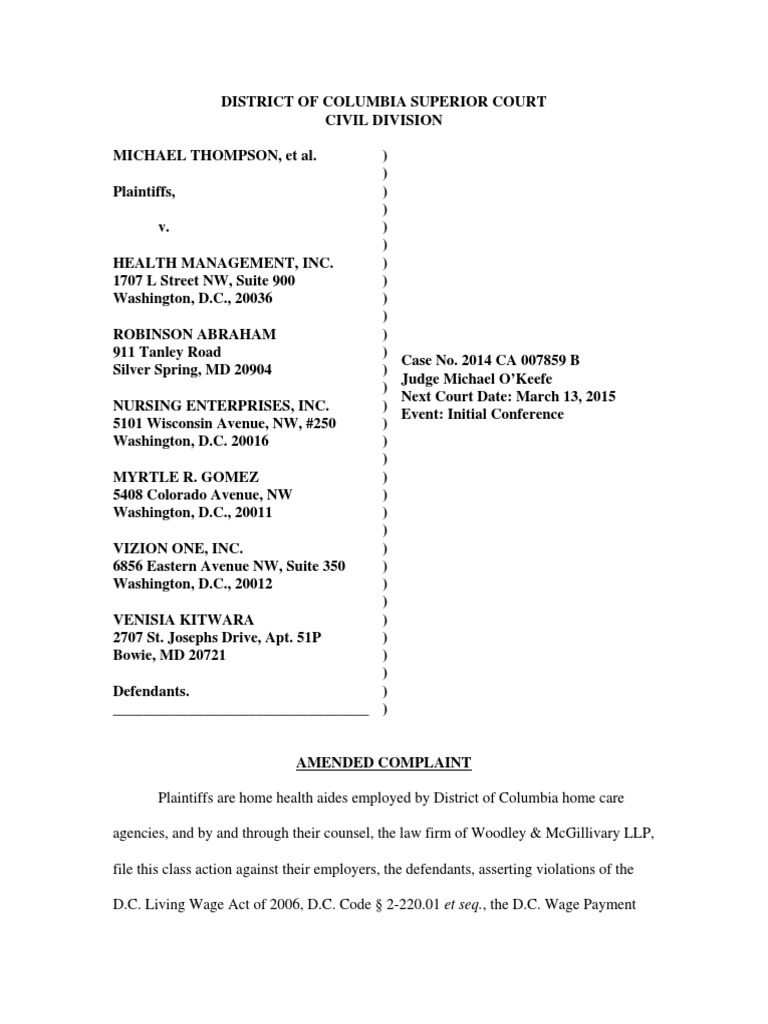 Amended Complaint (Class Action) With Exhibits | PDF | Overtime | Home Care