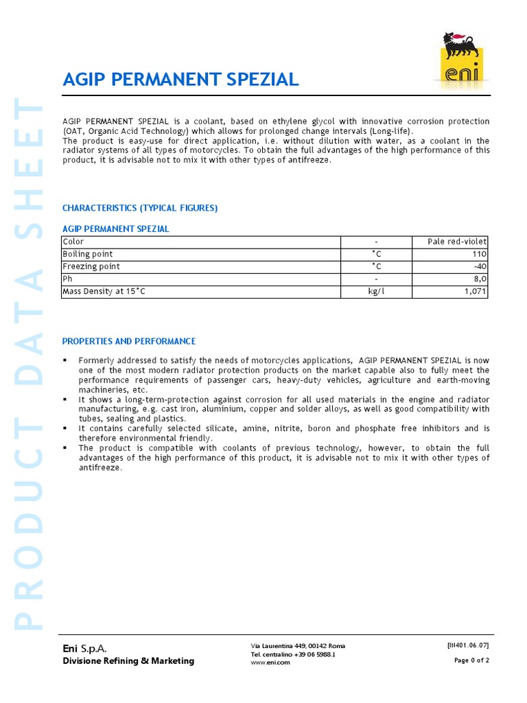Characteristics (Typical Figures) Agip Permanent Spezial | PDF