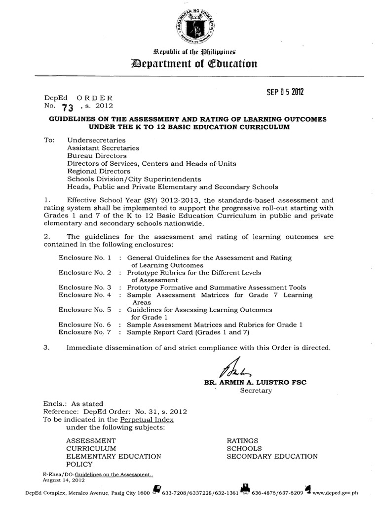 DepEd Order No. 73, S. 2012 | PDF