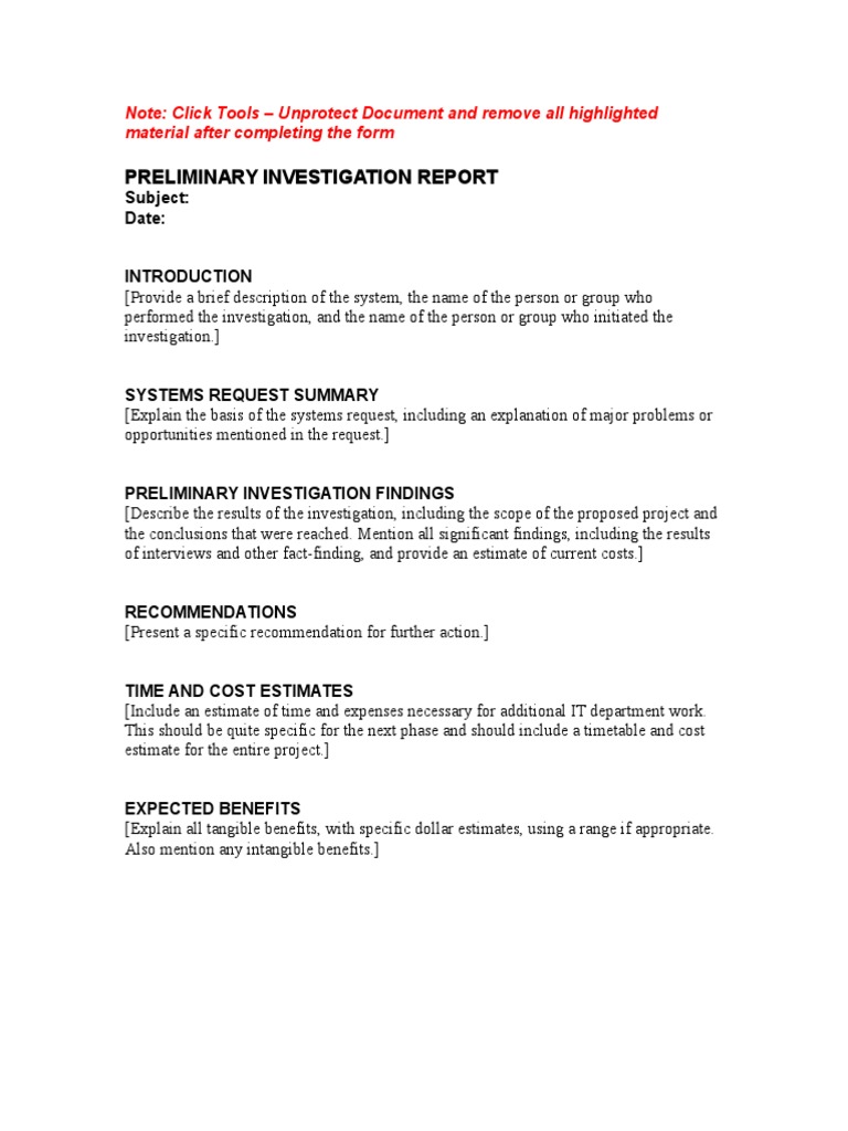 Preliminary Investigation Report Template | PDF | Technology & Engineering