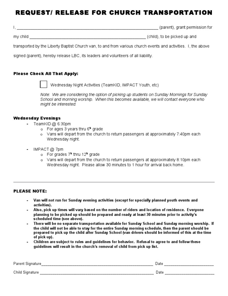 Church Van Transport Permission Form | PDF