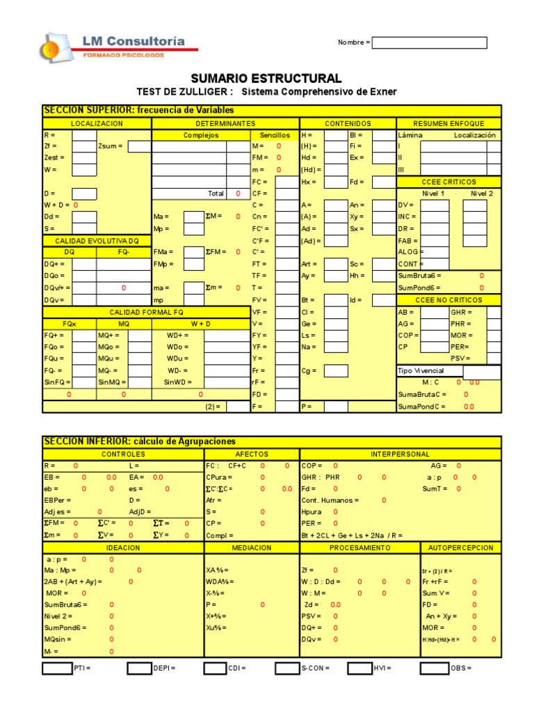 Sumario Estructural Sistema Comprehensivo Exner (Test de Zulliger) | PDF