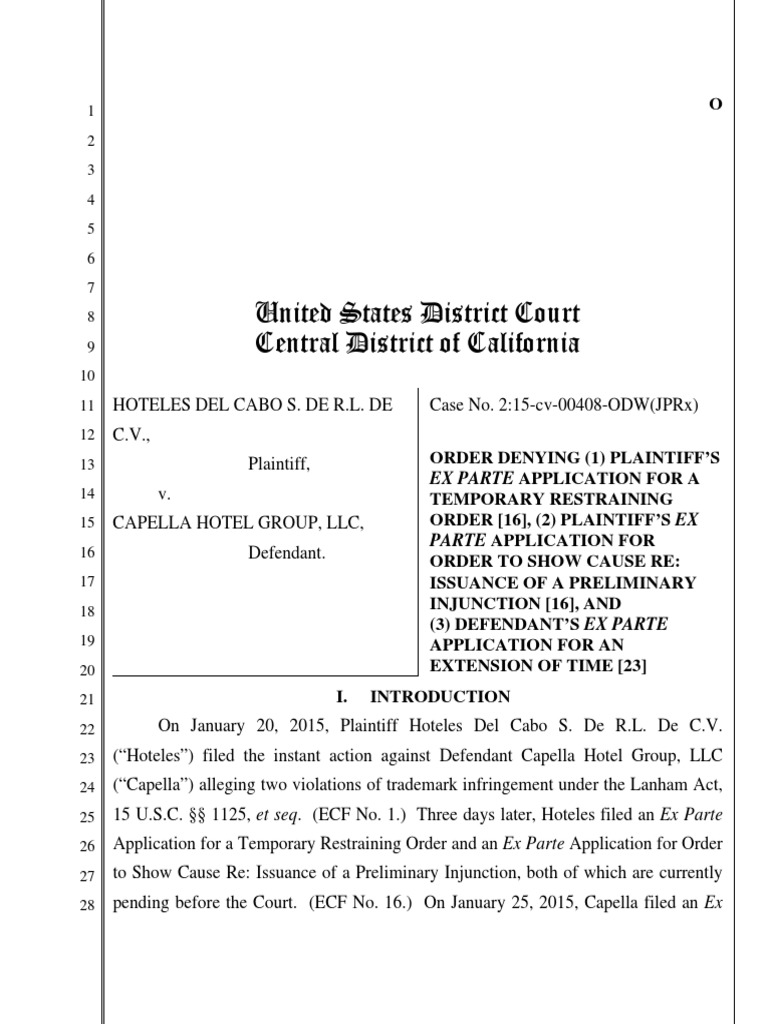 Capella Pedregal - NO TRO Trademark | PDF | Injunction | Ex Parte