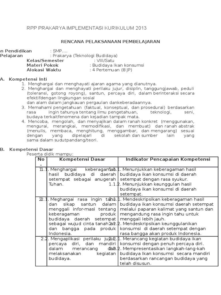 RPP Prakarya Kls 8 | PDF